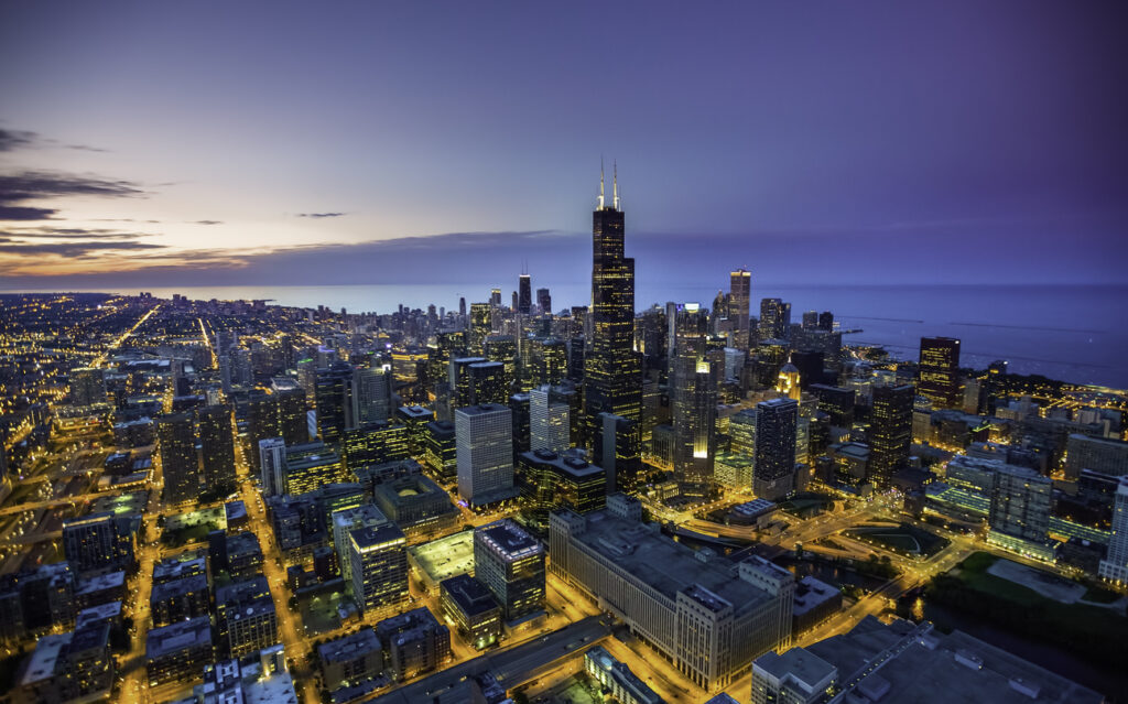 Chicago skyline aerial view at dusk - The TRADE