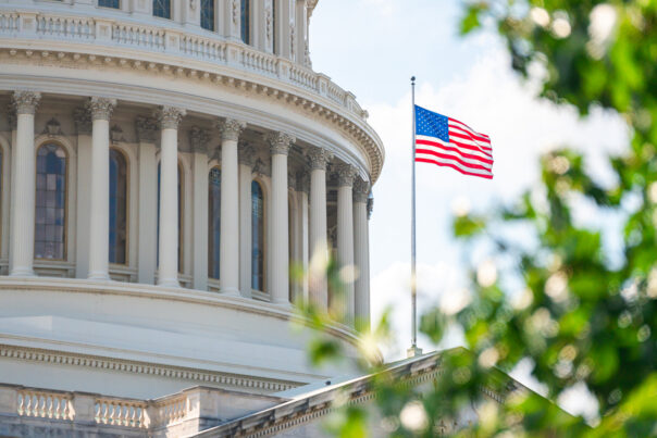 Close-up view of the American Flag on the U.S. Capitol building in ...